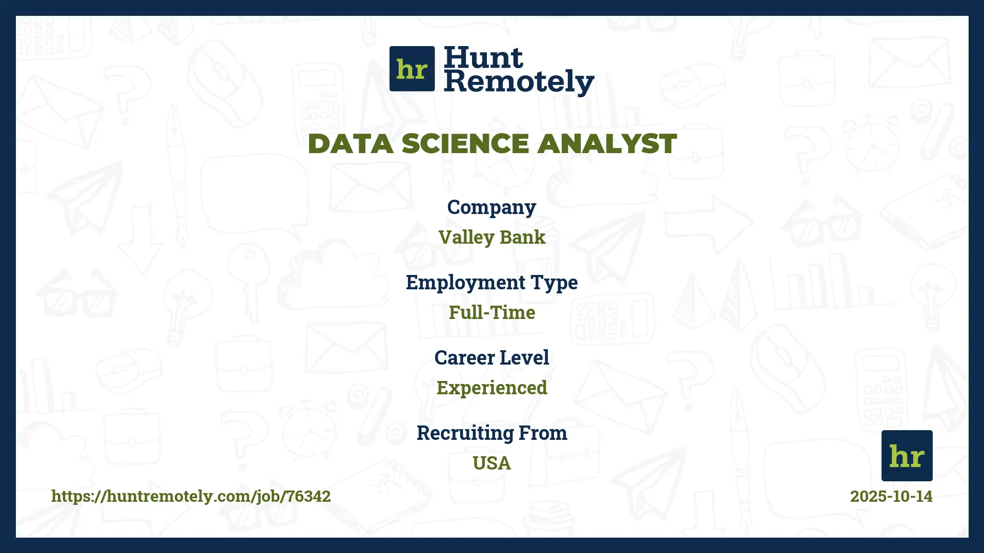 Full-Time Data Science Analyst at Valley Bank | Hunt Remotely