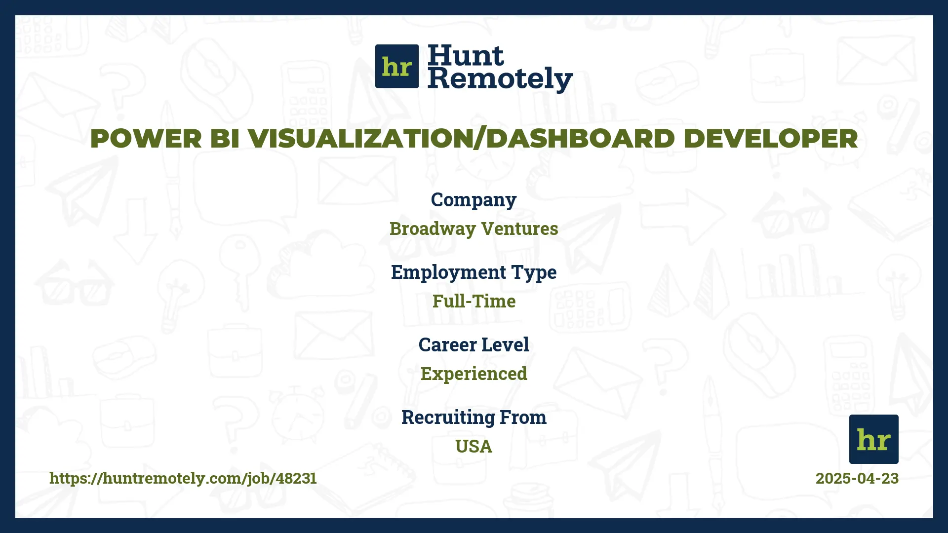 Full-Time Power BI Visualization/Dashboard Developer at Broadway Ventures | Hunt Remotely